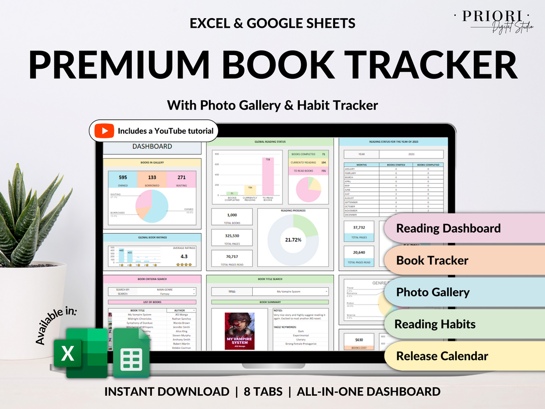 Premium Book Tracker Spreadsheet – PrioriDigitalStudio