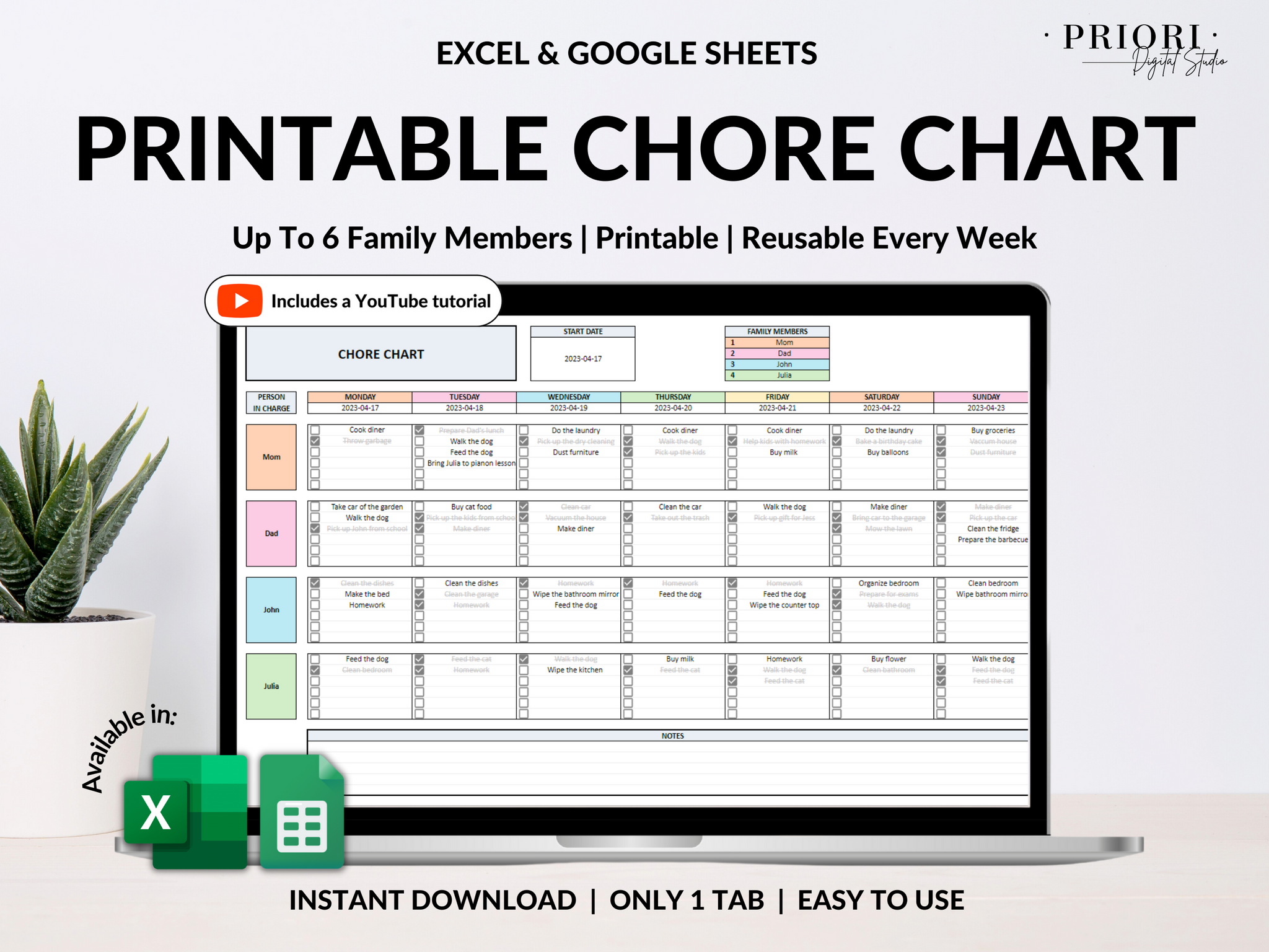 Printable Chore Chart Spreadsheet – PrioriDigitalStudio